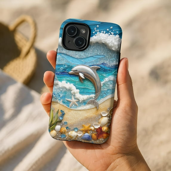 Dolphin Beach Seashell Coastal Ocean Art Phone Case for iPhone 17 16 15 ...