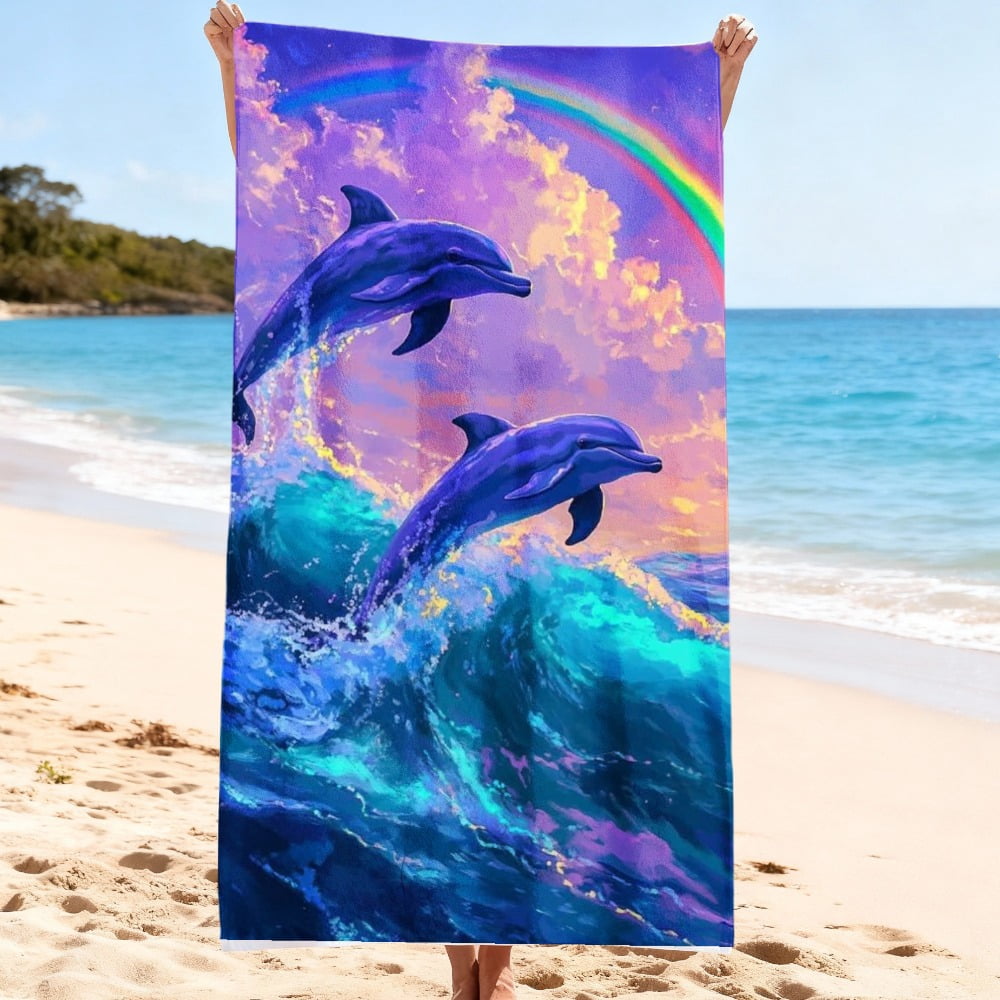 Dolphin Beach Towel Purple RAINBOW Dolphins And Ocean Waves Design for ...