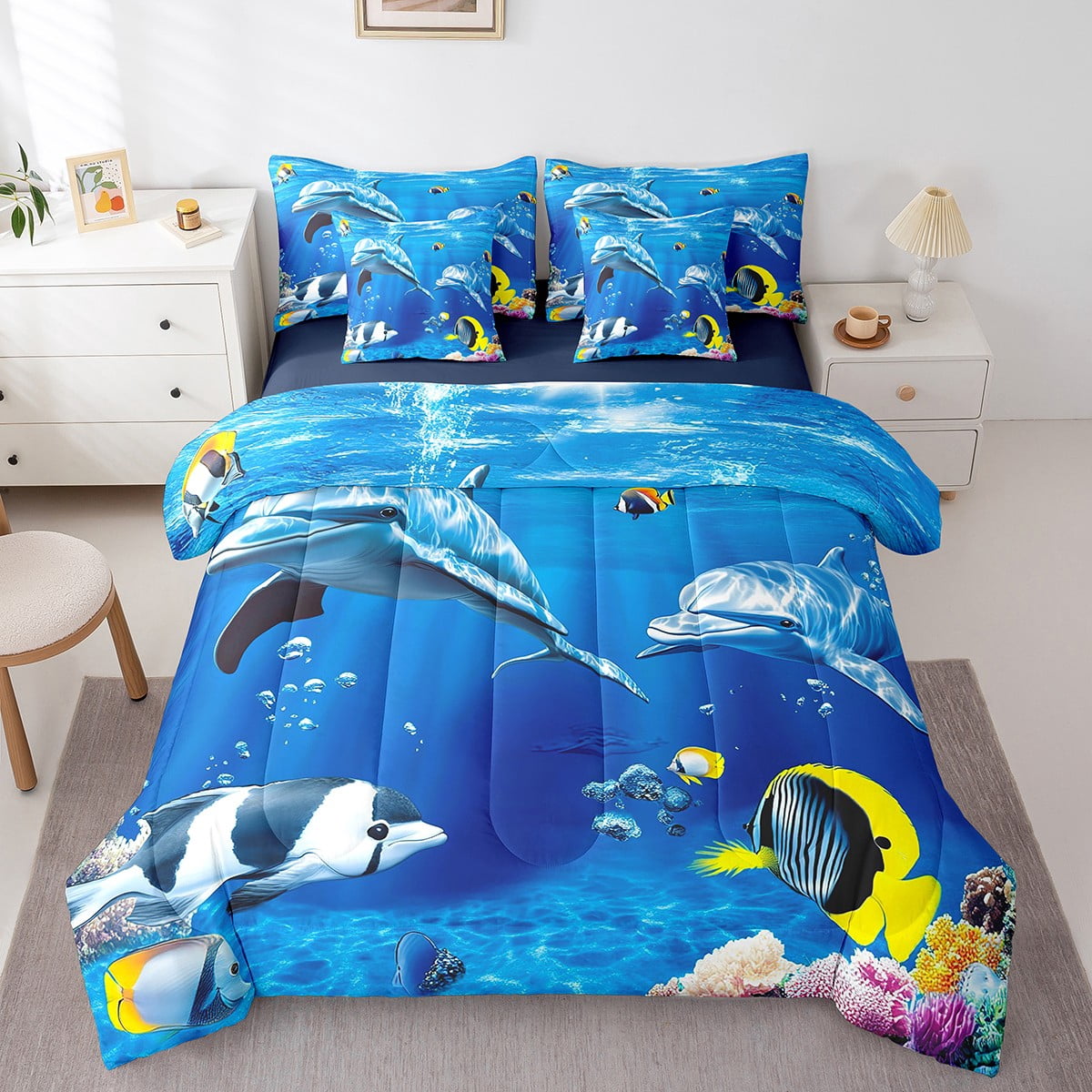 Dolphin Bed in a Bag Queen Comforter Set 7 Piece Blue Ocean Sheet Set ...