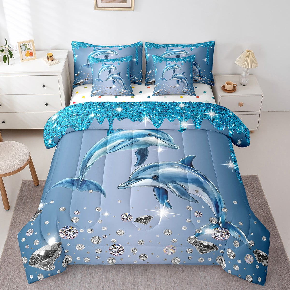 Dolphin Bed in a Bag Queen Comforter Set 7 Piece,Blue Sequin Fluid Art Bedding Set,Crystal ...