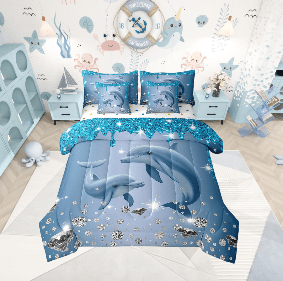 Dolphin Bed in a Bag Queen Comforter Set 7 Piece,Blue Sequin Fluid Art ...