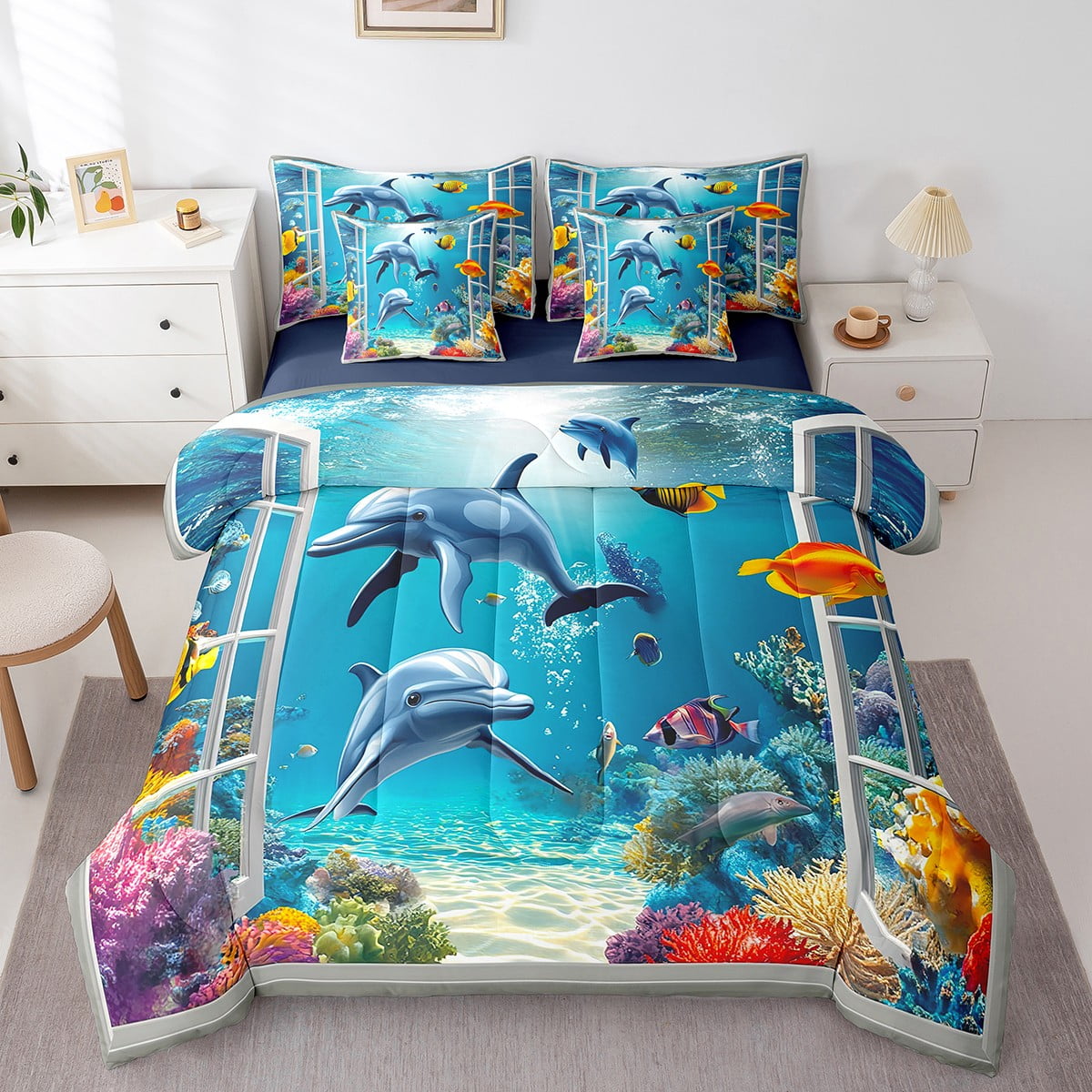 Dolphin Bed in a Bag Queen Comforter Set 7 Piece Nautical Sea Animal Bedding Sets,Blue Ocean ...