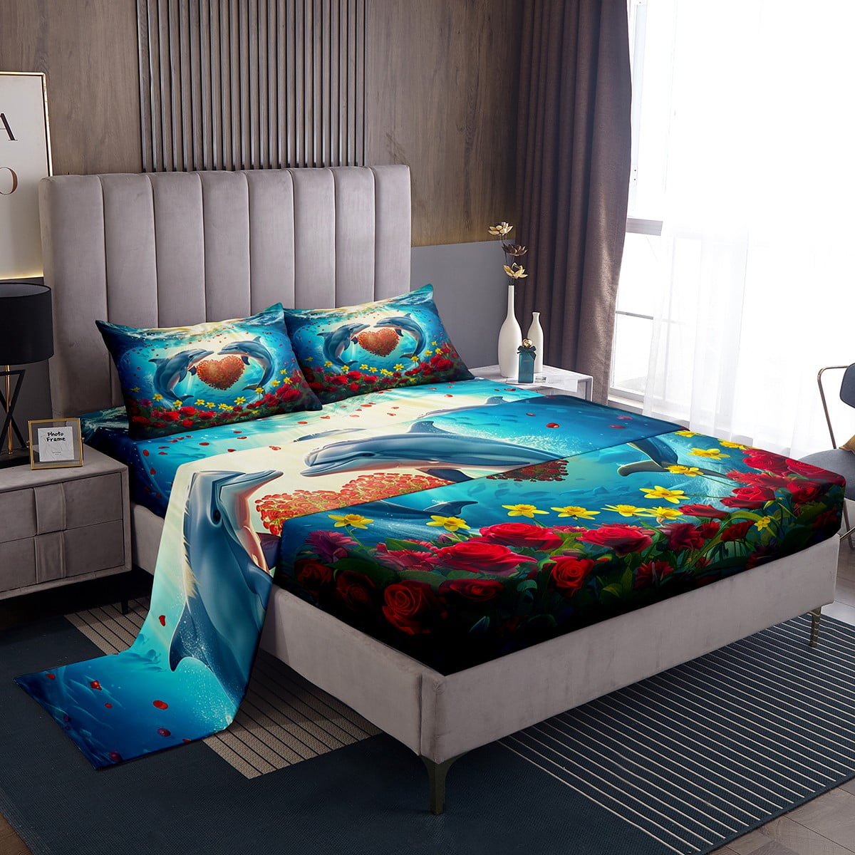 Dolphin Bed Sheets Set Tropical Coastal Sheets,Love Rose Flowers Sheet ...