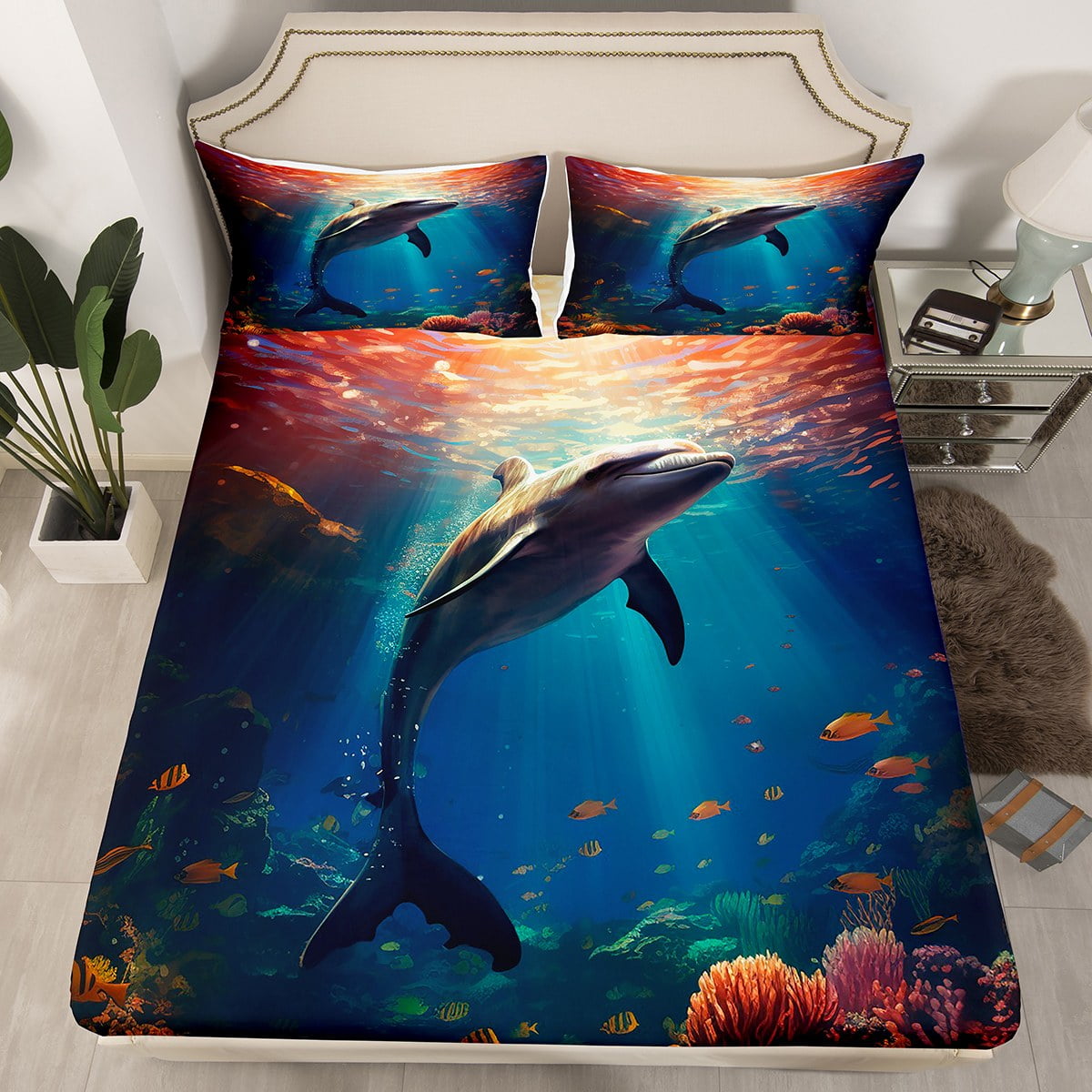 Dolphin Bedding Set Cute Dolphin Jumping Blue Ocean Animal Themed Bed ...
