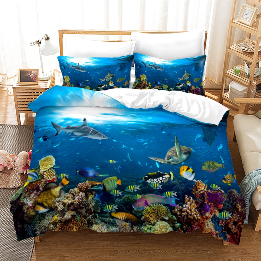 Dolphin Bedding Set, Underwater World Duvet Cover for Adults Kids Boys Girls Hawaiian Ocean ...