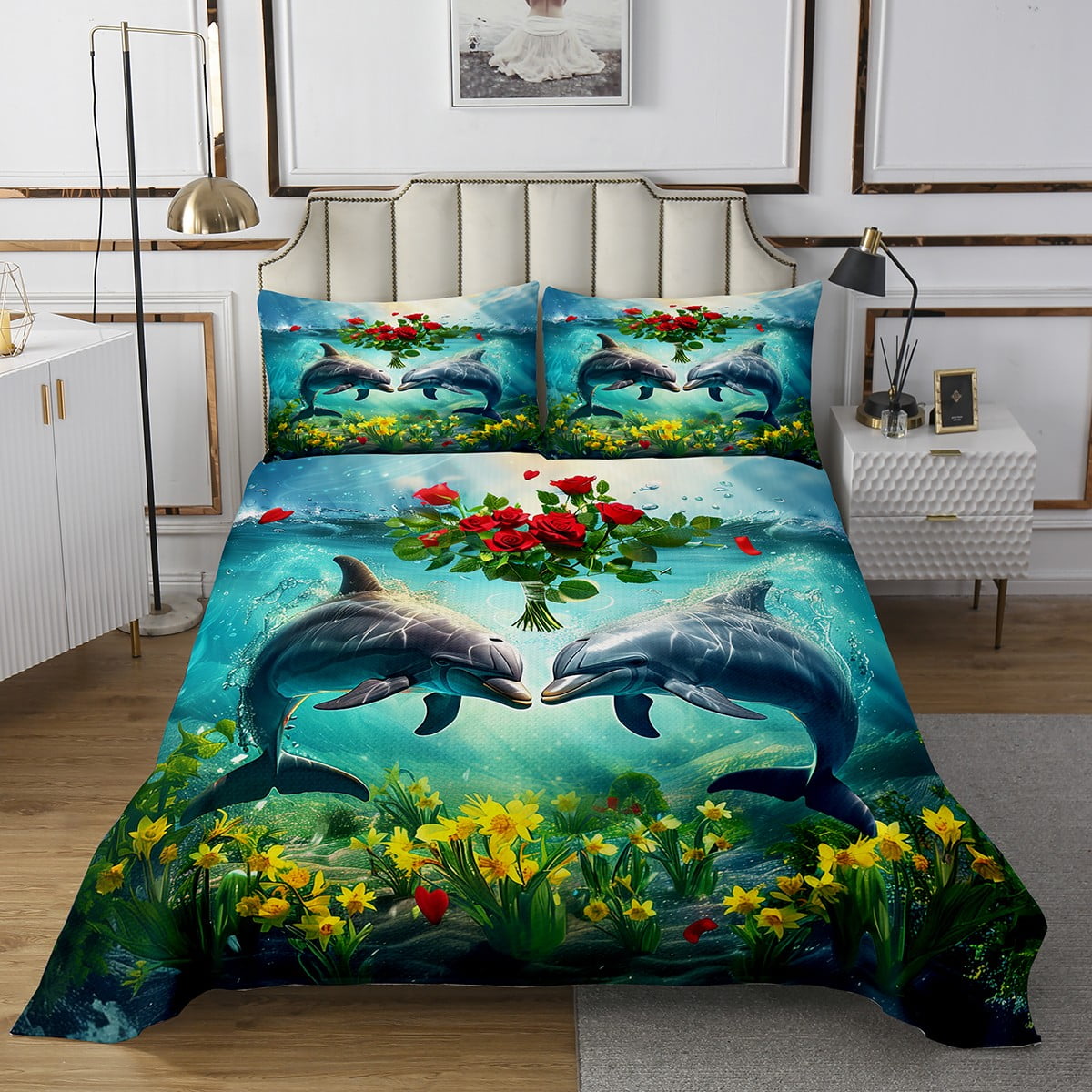 Dolphin Bedspread Set Tropical Coastal Quilt Set Queen,Red Rose Flowers ...