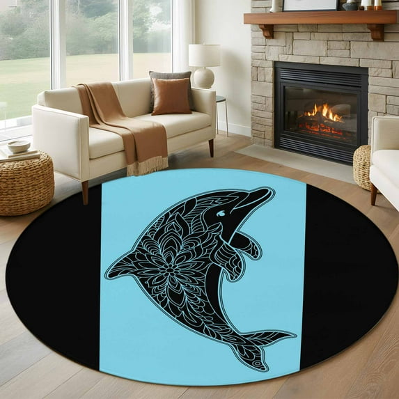Dolphin Black Round Rug 5ft Washable Circle Kitchen Rugs Non Slip ...