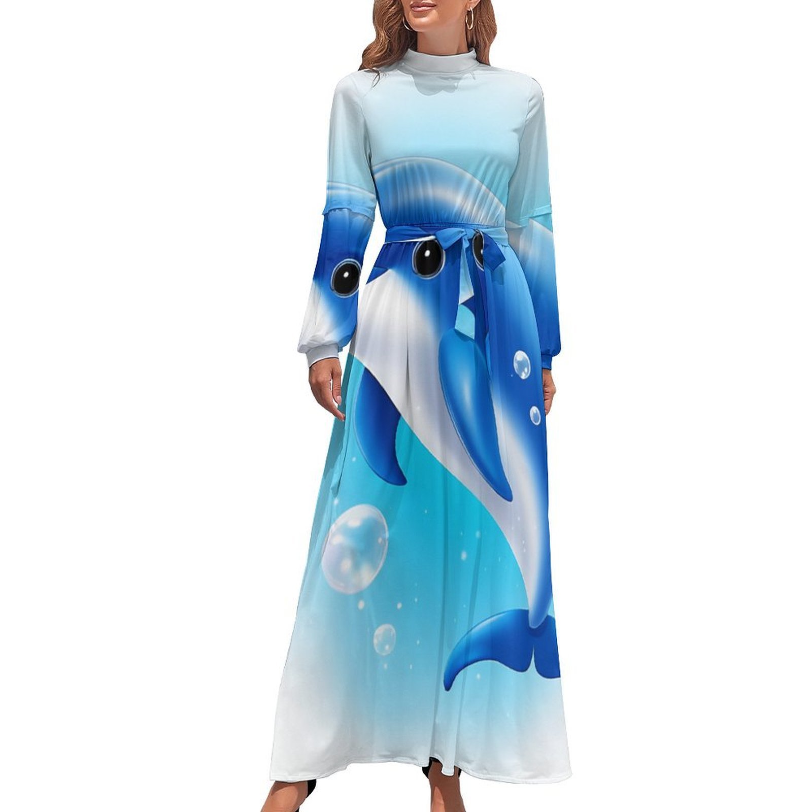Dolphin Blue Ocean Print Women's Long Dress Long Sleeves Dress Vintage ...
