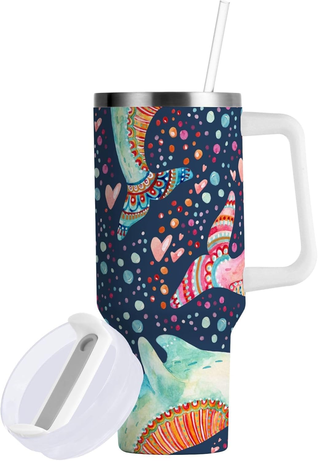 Dolphin Boho 30oz Tumbler with Handle and Straw Insulated Lid Cup ...
