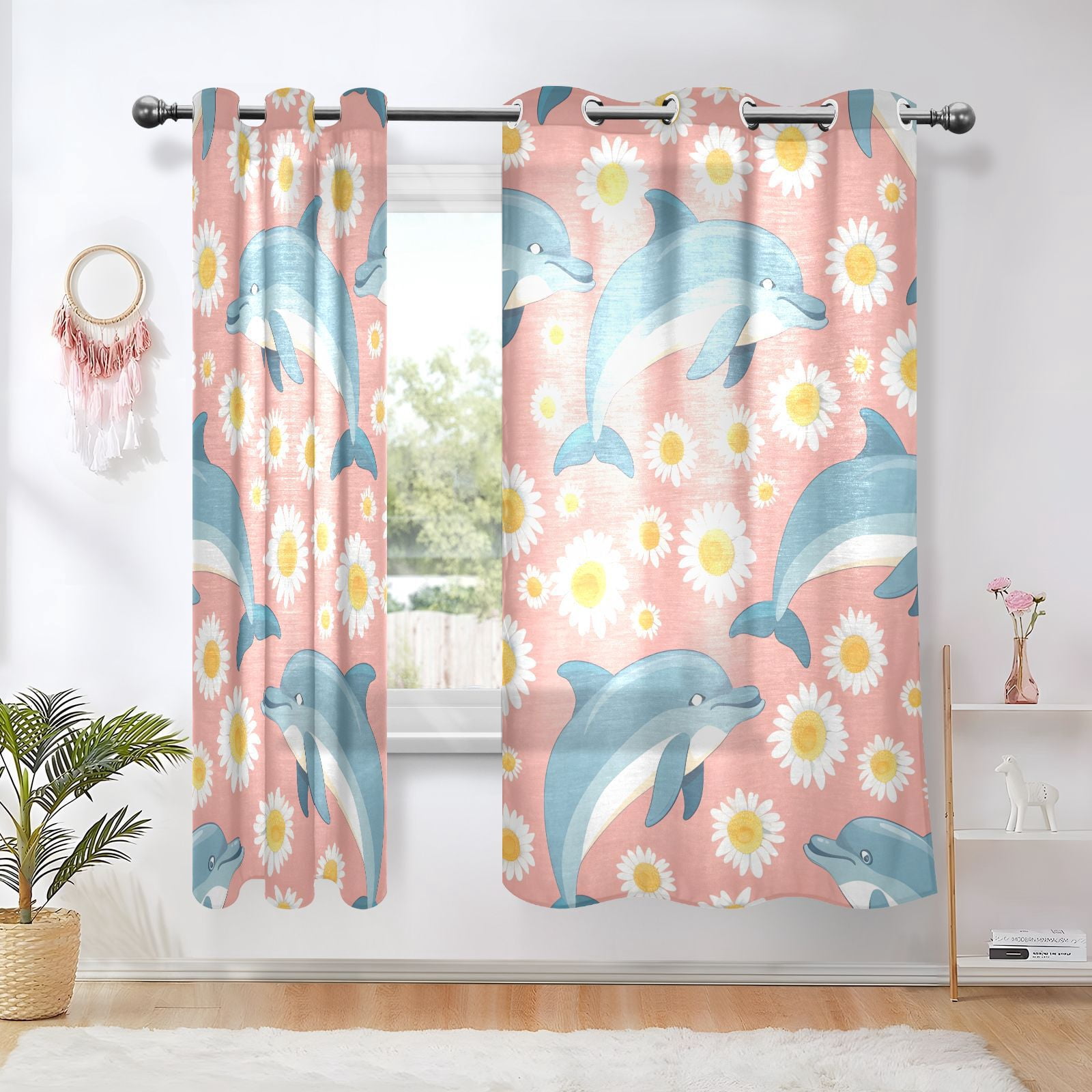Dolphin Cartoons and Daisy Flower Blackout Curtains Thermal Insulation ...
