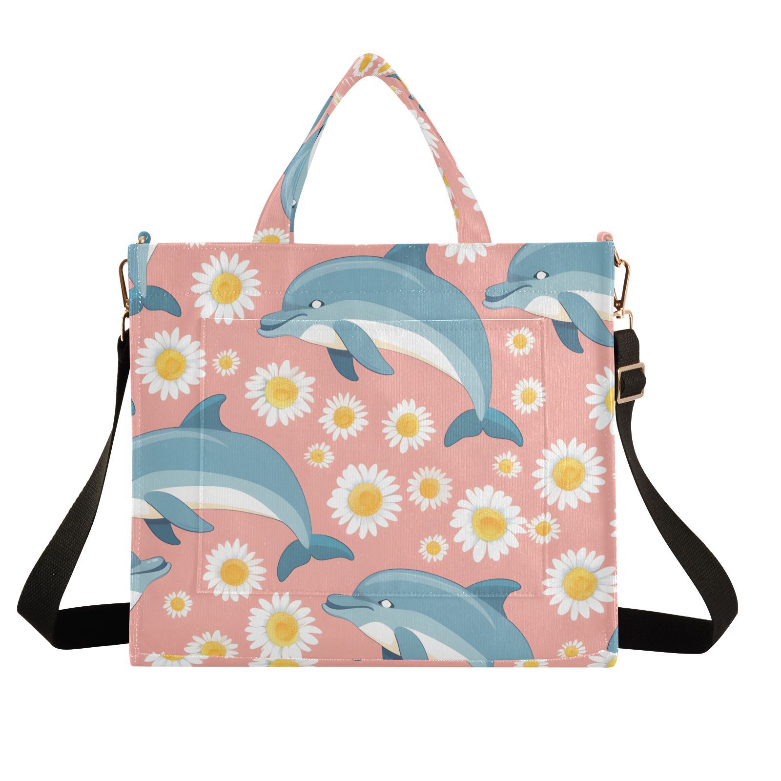 Dolphin Cartoons and Daisy Flower Corduroy Tote Bag Handbag Large ...