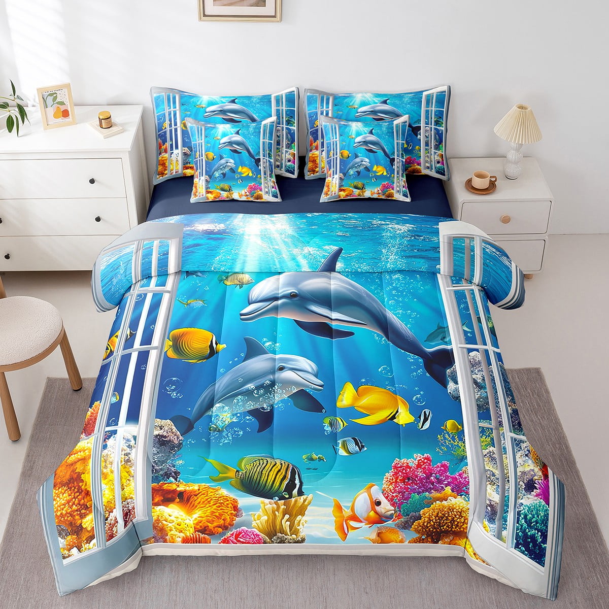 Dolphin Comforter Set 7 Piece Bed in a Bag Twin,3D Nautical Sea Animal ...