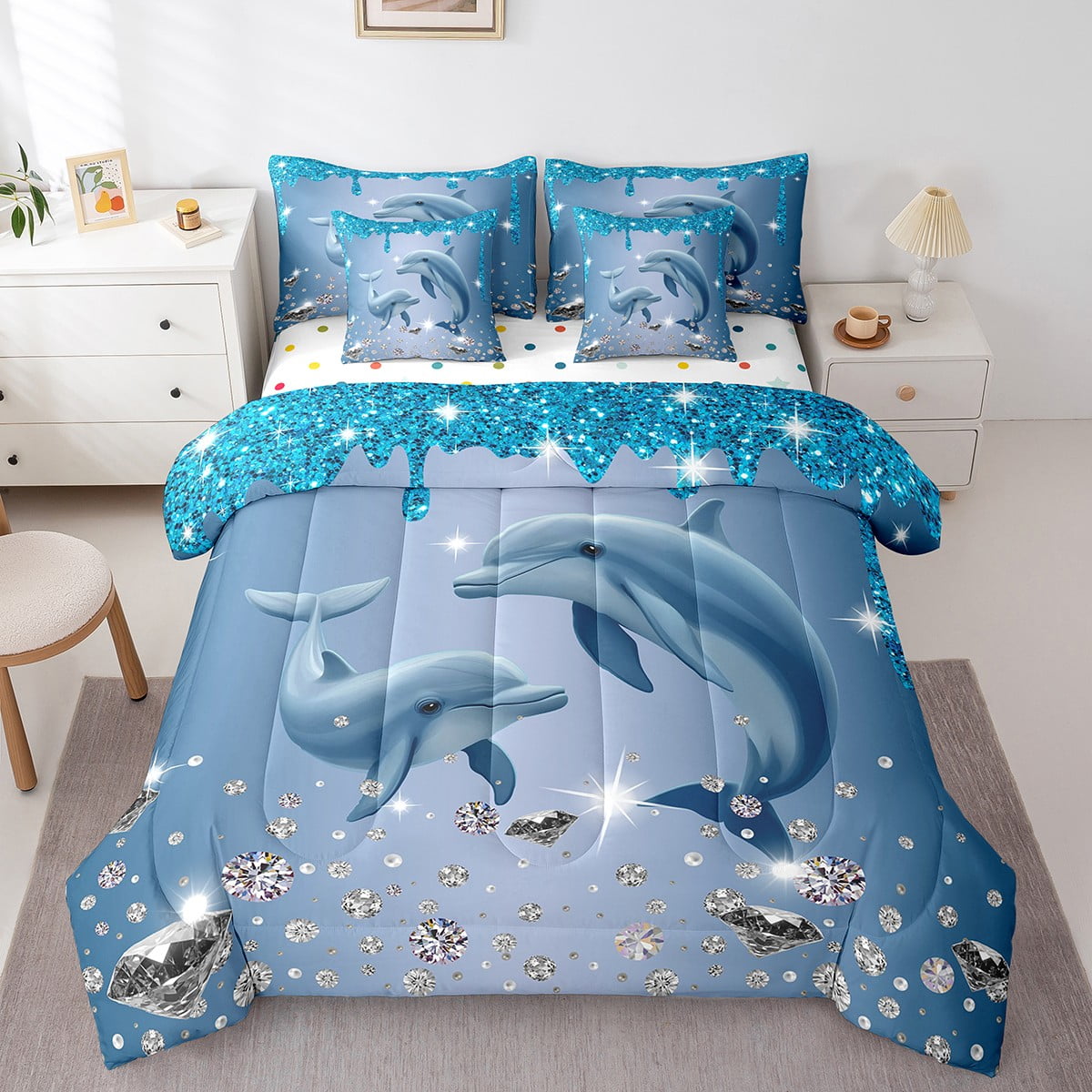 Dolphin Comforter Set 7 Piece Bed in a Bag Twin,Blue Sequin Fluid Art ...