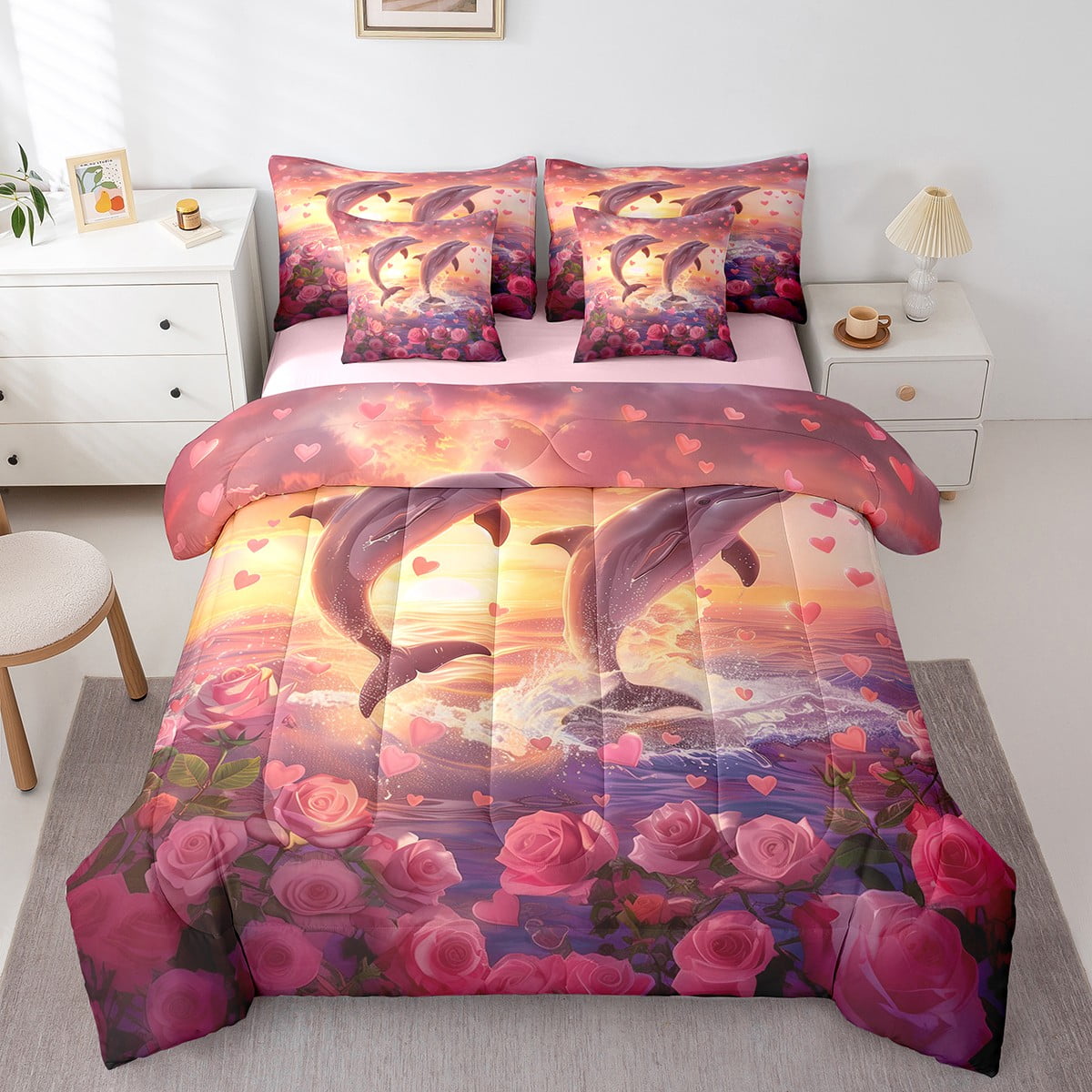 Dolphin Comforter Set 7 Piece Bed in a Bag Twin,Love Heart Shaped Rose ...