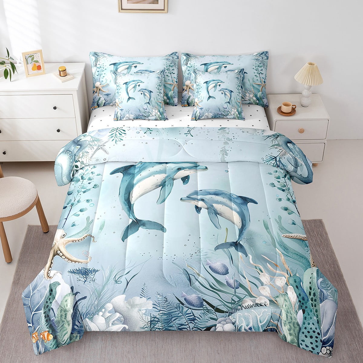 Dolphin Comforter Set 7 Piece Bed in a Bag Twin,Teal Blue Ocean Beach ...