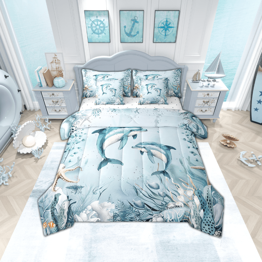 Dolphin Comforter Set 7 Piece Bed in a Bag Twin,Teal Blue Ocean Beach ...