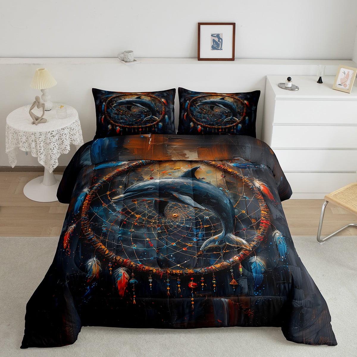 Dolphin Comforter Set Dream Catcher Quilt Bed Set,Boho Feather Queen ...