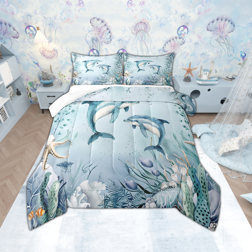 Dolphin Comforter Set Teal Blue Ocean Beach Coastal Bedding Comforter ...