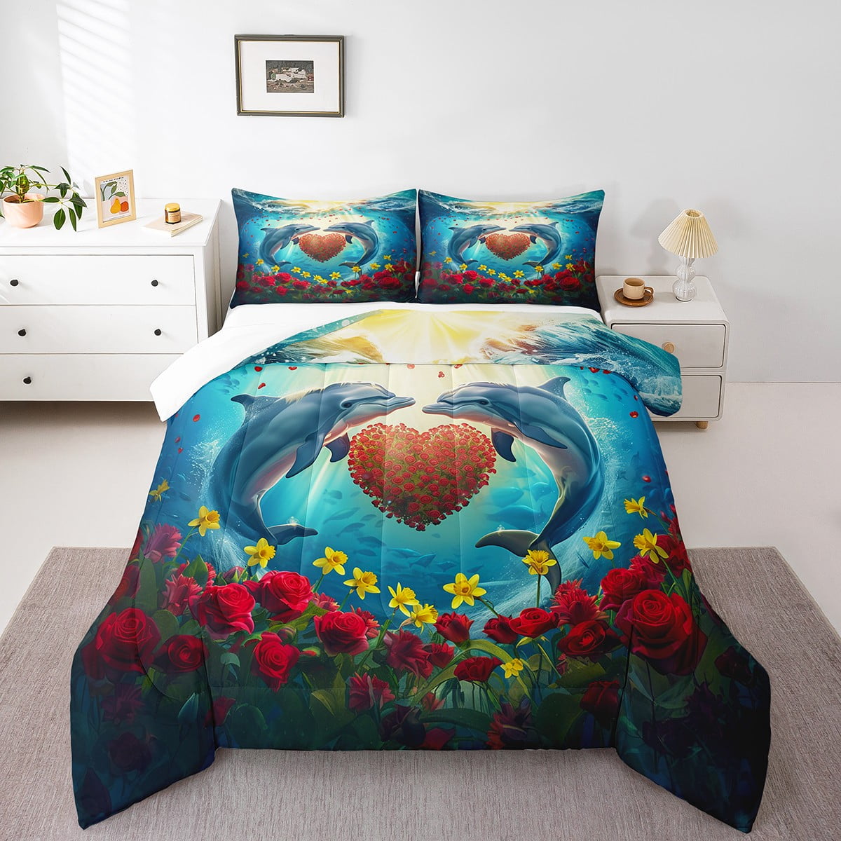 Dolphin Comforter Sets Tropical Coastal Bed Set,Love Rose Flowers Twin ...