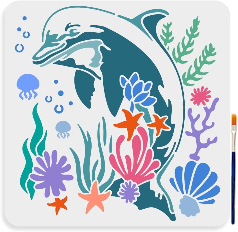 Dolphin Coral Stencil 11.8×11.8inch Large Sea Ocean Creatures Stencils with Paint Brush ...