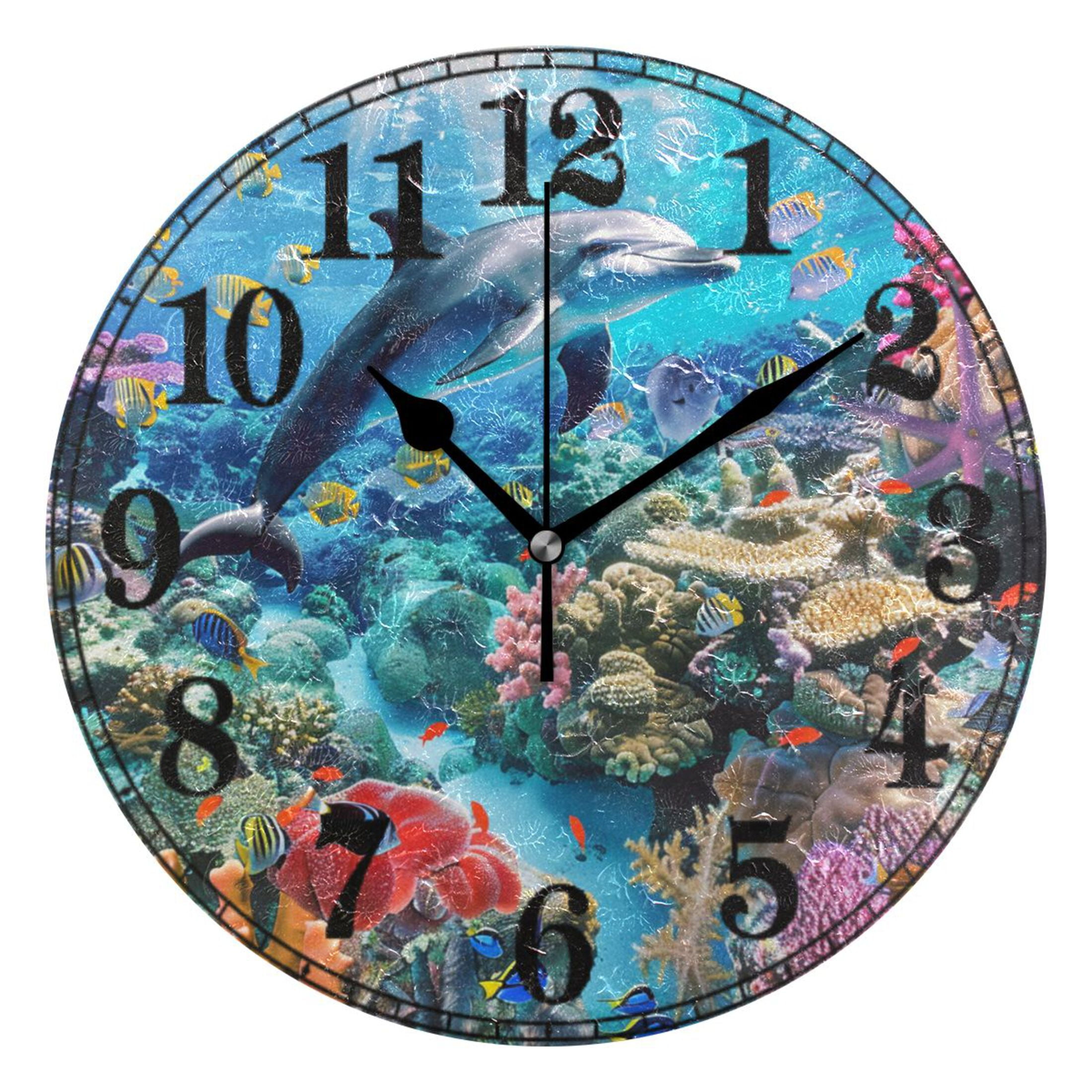 Dolphin Coral under Sea Silent Wall Clock 10" Non-Ticking Battery Clock ...