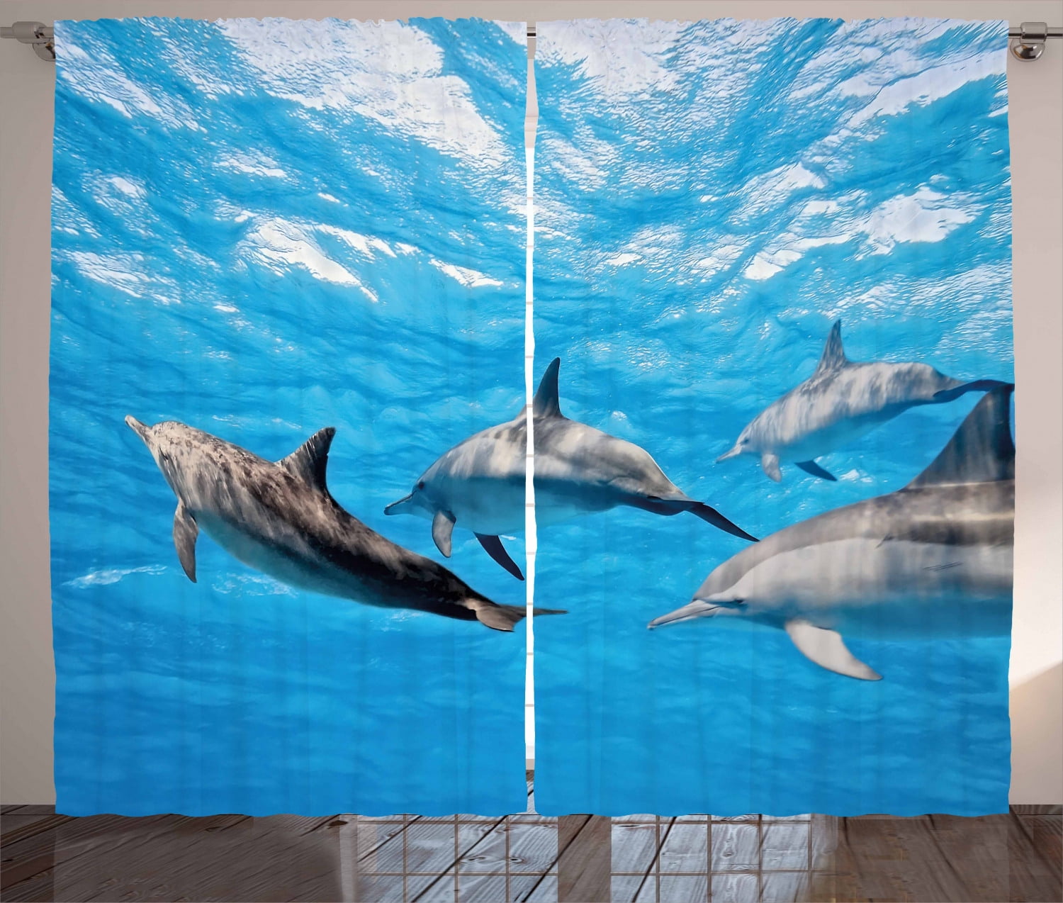 Ambesonne Dolphin Curtains 2 Panel Set, Happily Swimming Fish, 108" x ...