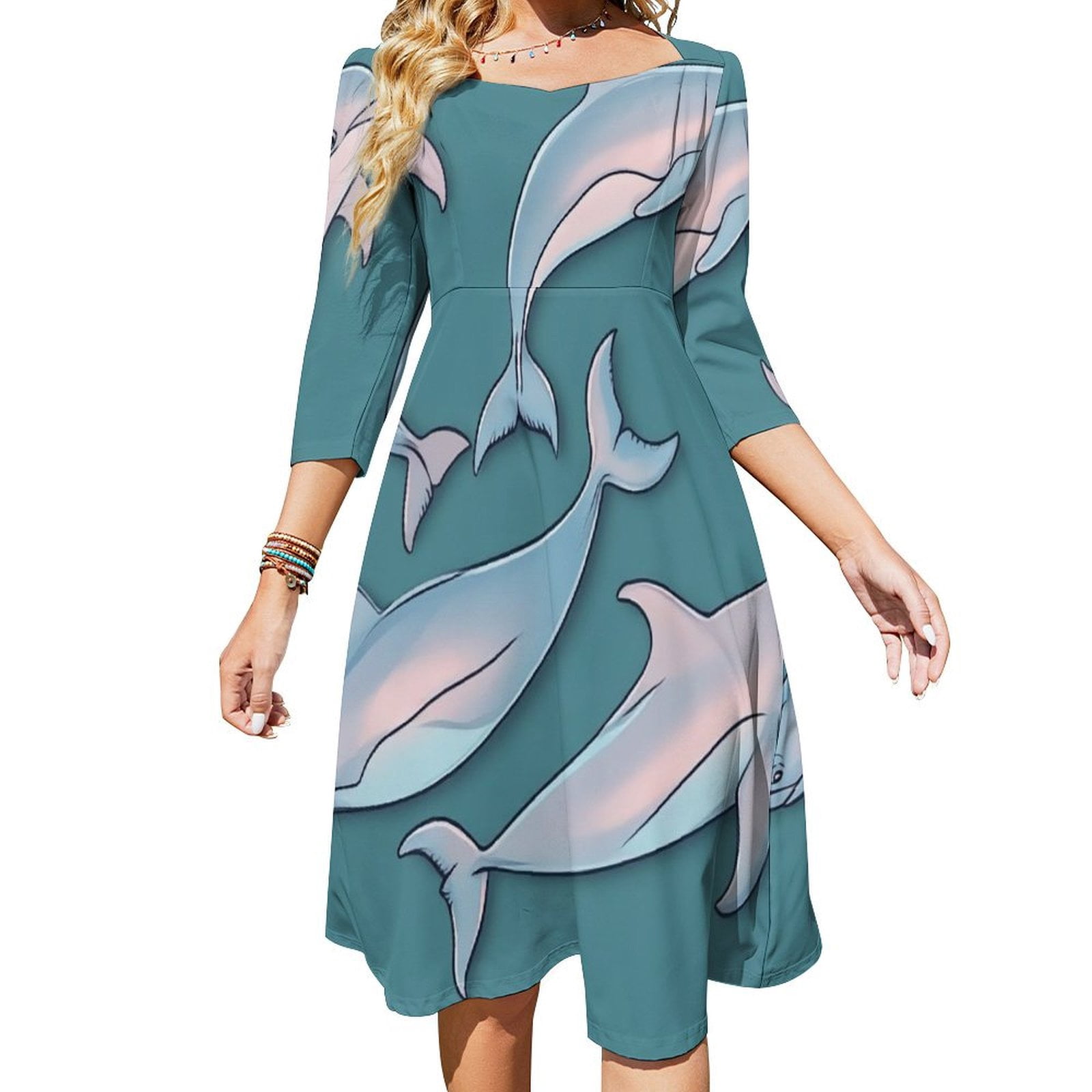 Dolphin Dark Blue Background-2 Sweetheart Knot Flared Dress Fashion ...