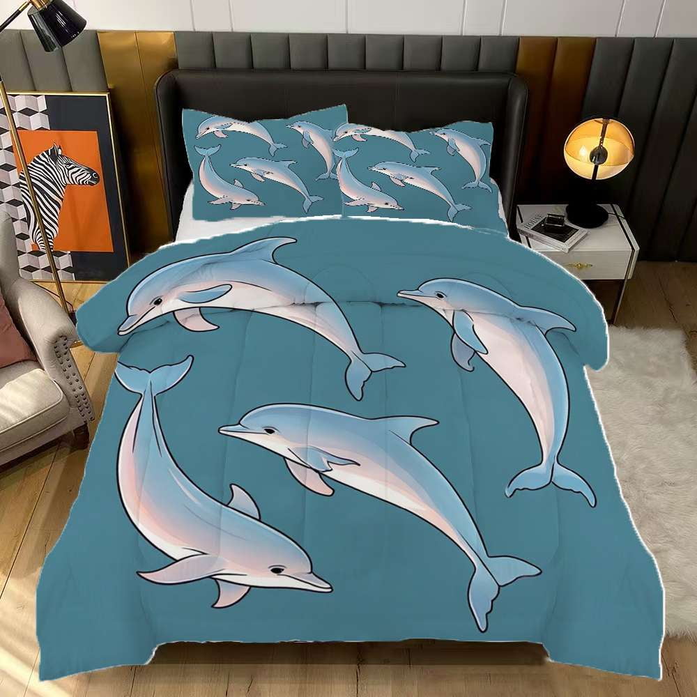 Dolphin Dark Blue Background Comforter Set King Size Bedding Set For ...