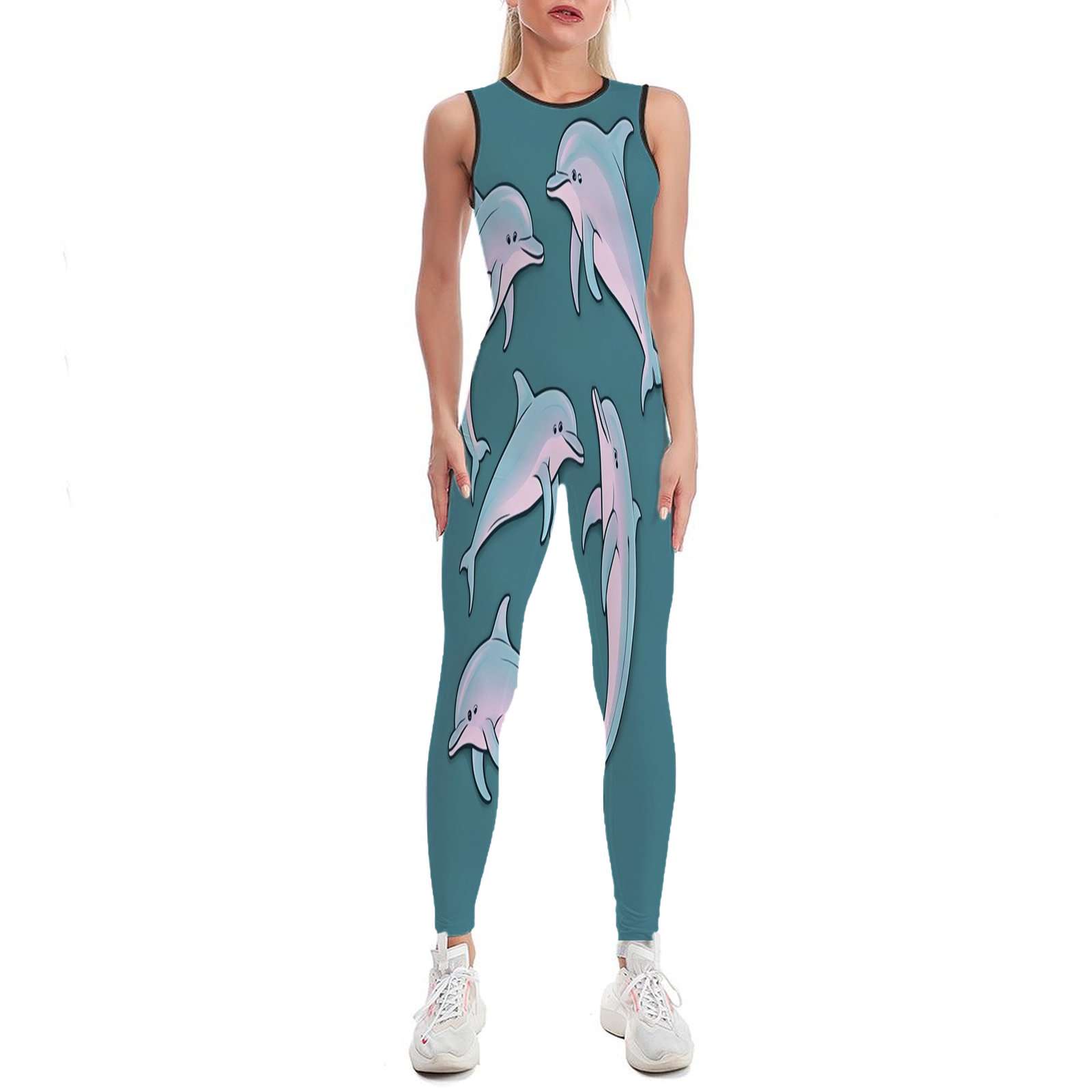 Dolphin Dark Blue Background Women's One Piece Yoga Jumpsuits Leggings ...