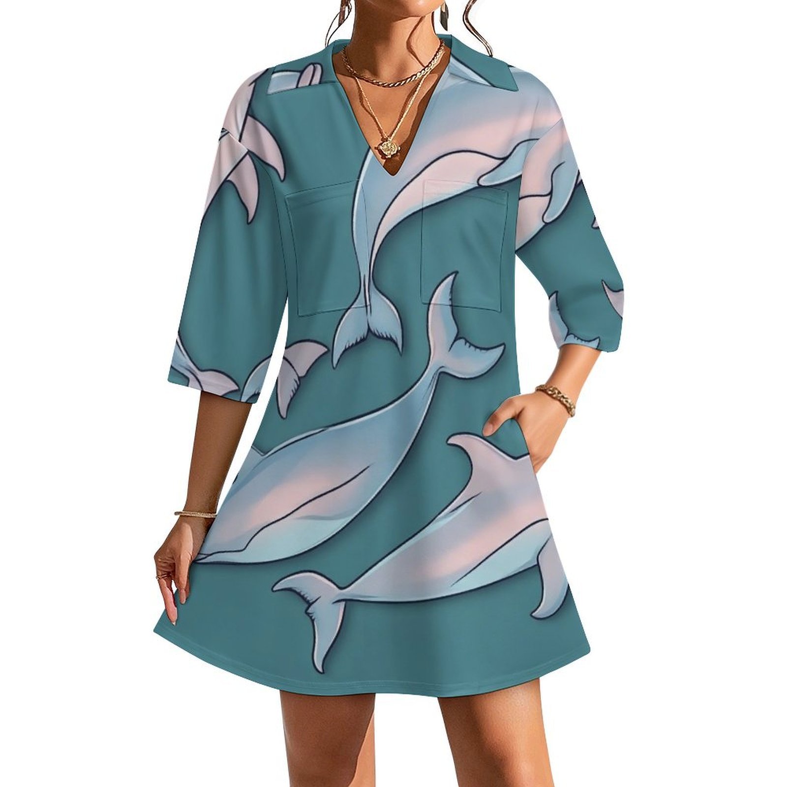 Dolphin Dark Blue Background Womens Dress With Pockets Summer V Neck 3/ ...