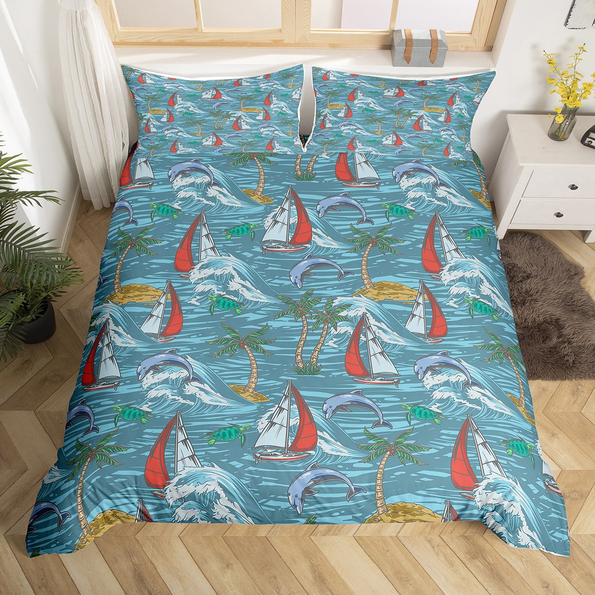Dolphin Duvet Cover Queen Sea Turtle Bedding Set Palm Trees Cartoon ...