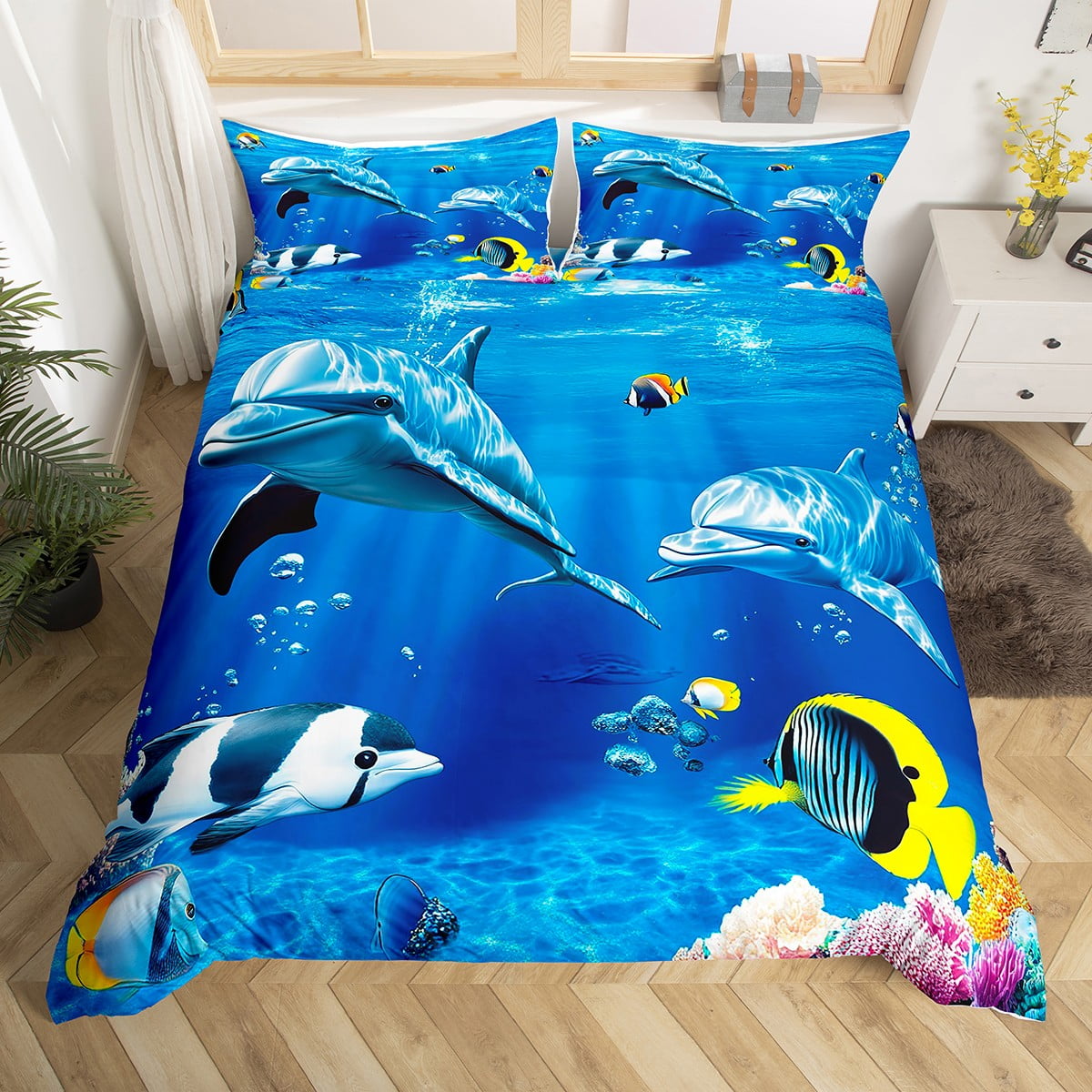 Dolphin Duvet Cover Set Blue Ocean Comforter Cover,Nautical Sea Animal ...