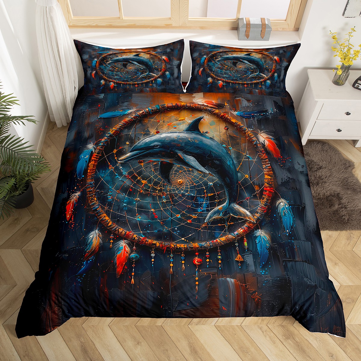 Dolphin Duvet Cover Set Dream Catcher Comforter Cover,Boho Feather King ...