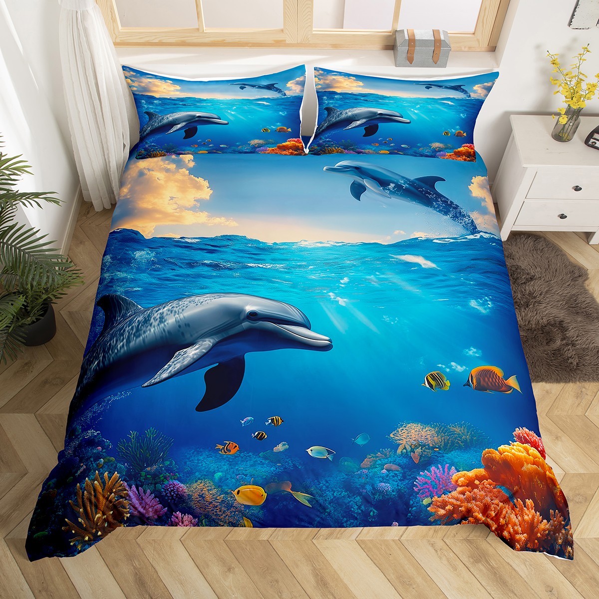 Dolphin Duvet Cover Set Nautical Sea Animal Twin Bedding Sets,Tropical ...