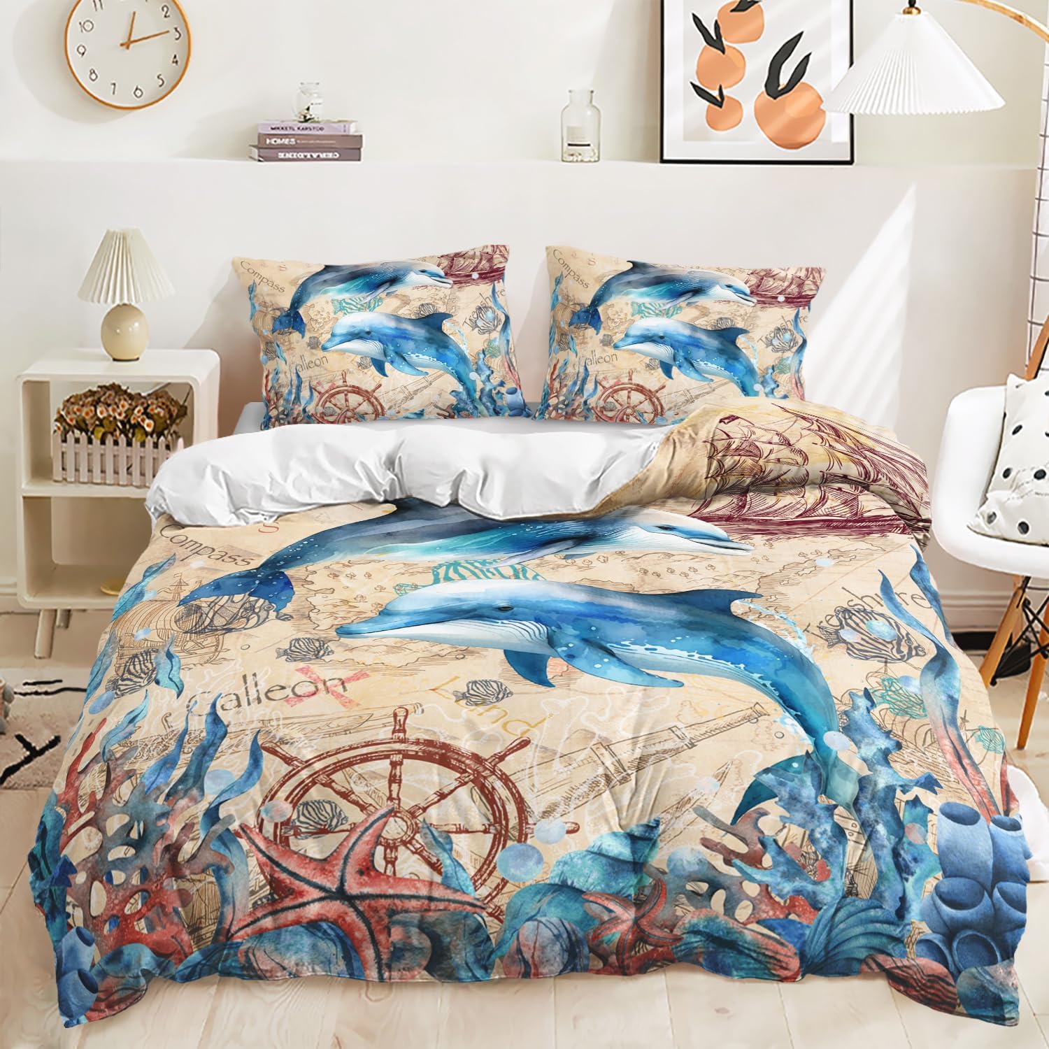 Dolphin Duvet Cover Set, Retro Voyage Map Dolphin Bedding Set for Kids ...