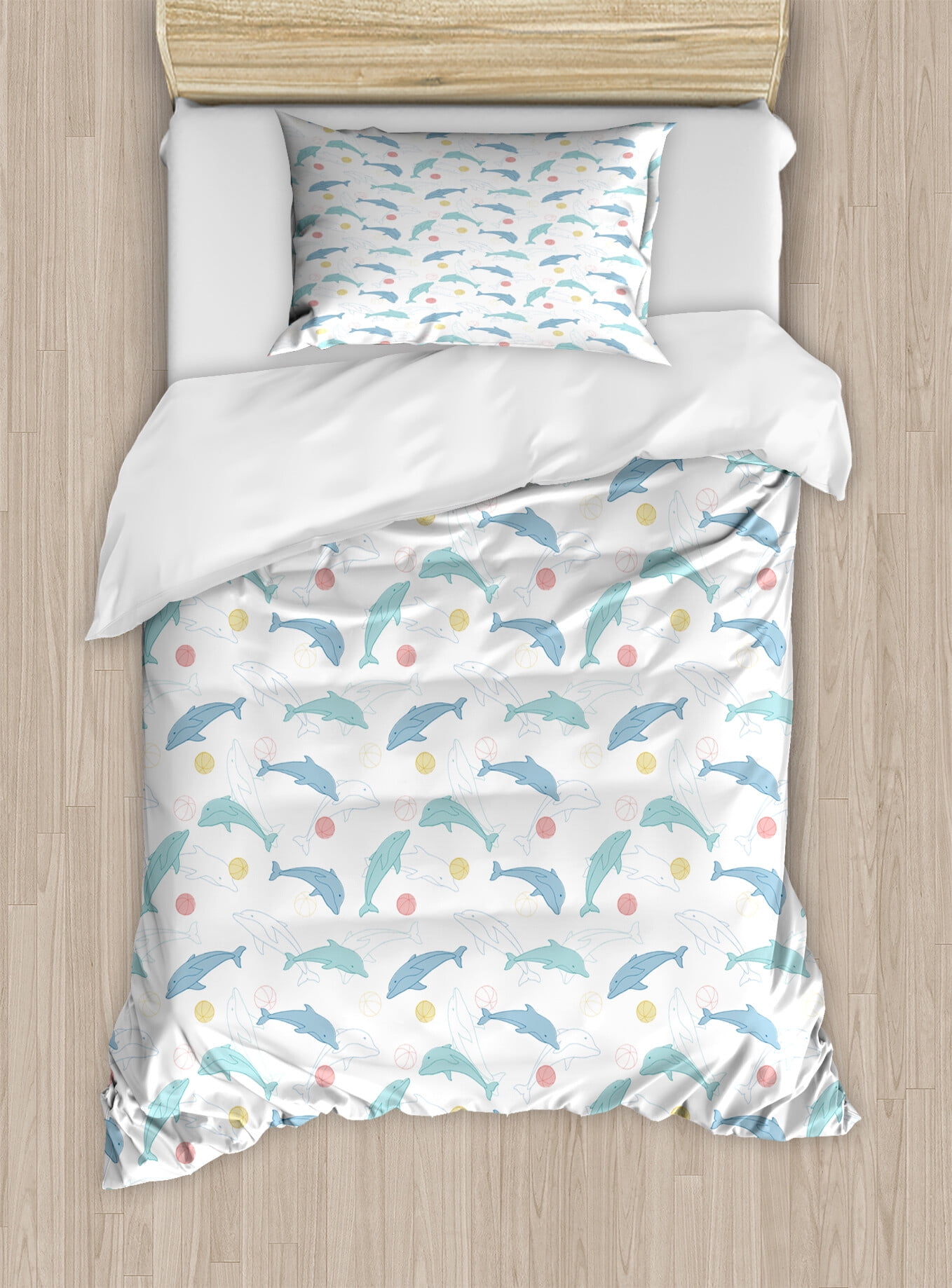 Dolphin Duvet Cover Set, Rhythmic Playful Big Fish with Balls in ...