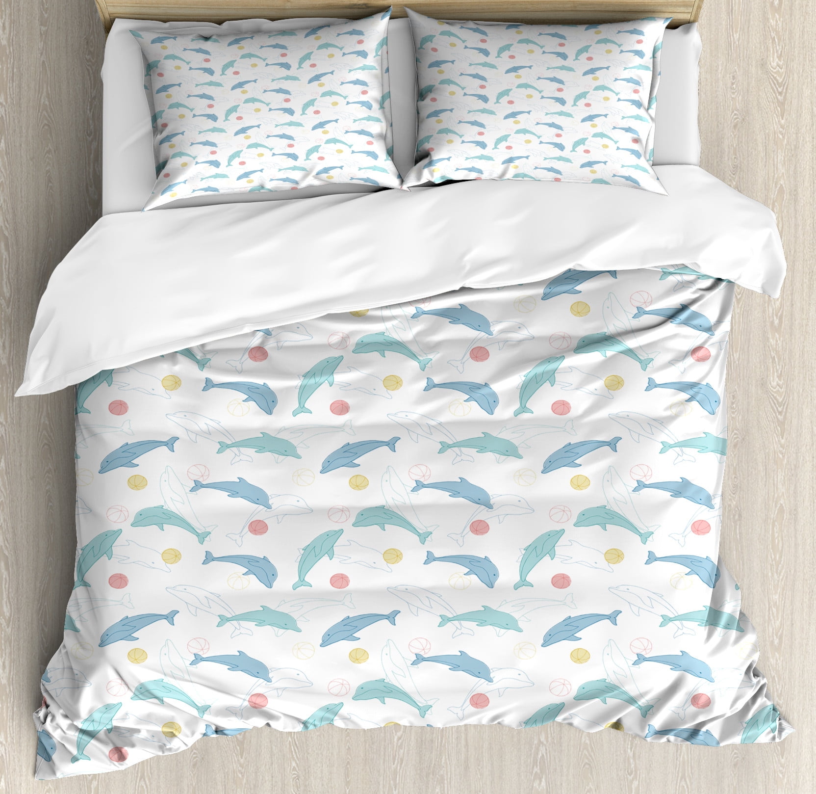 Dolphin Duvet Cover Set, Rhythmic Playful Big Fish with Balls in ...