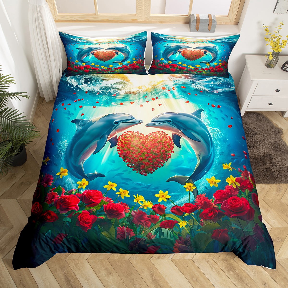 Dolphin Duvet Cover Set Tropical Coastal Comforter Cover,Love Rose ...