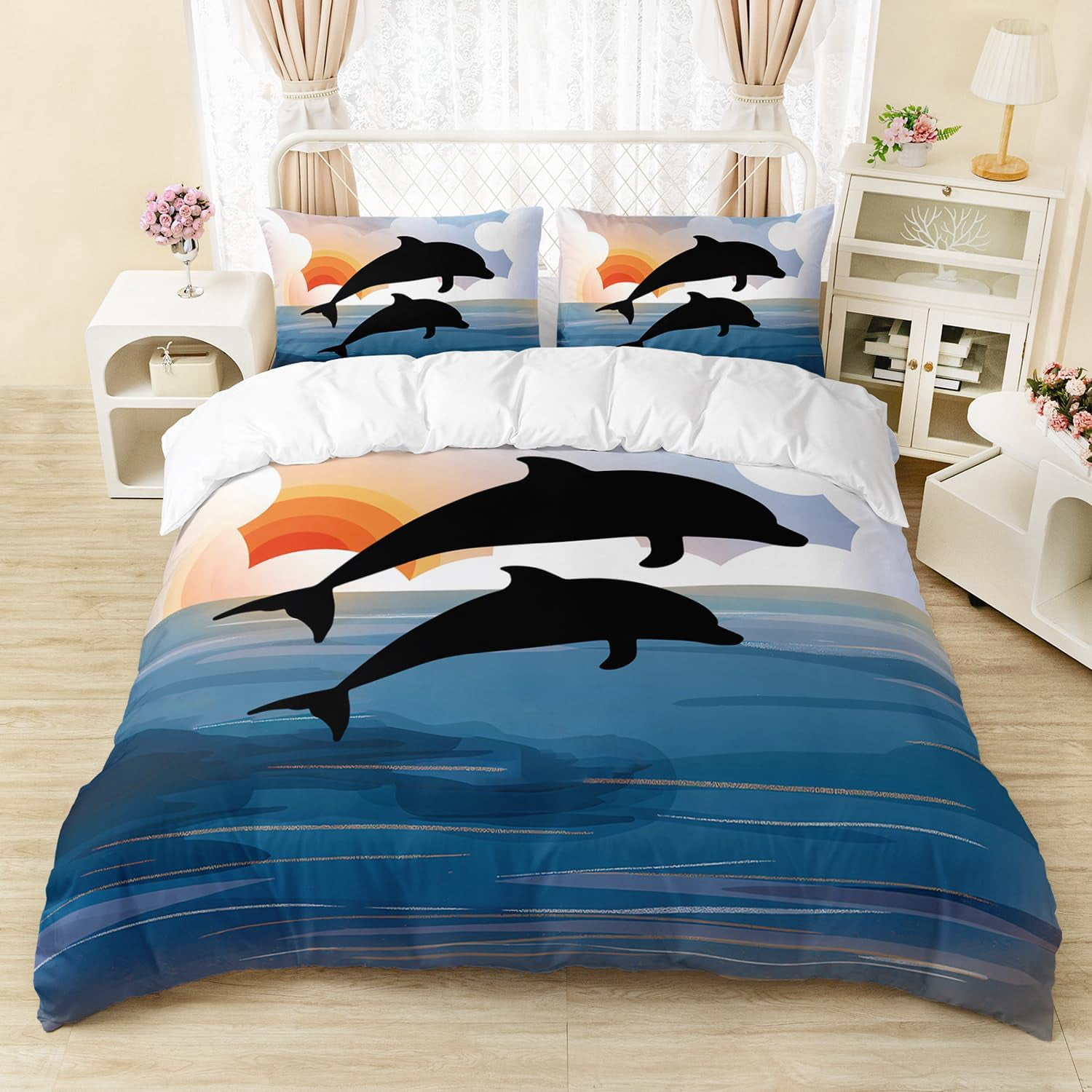 Dolphin Duvet Cover Set Twin Size Kawaii Jumping Dolphin Bedding Set ...