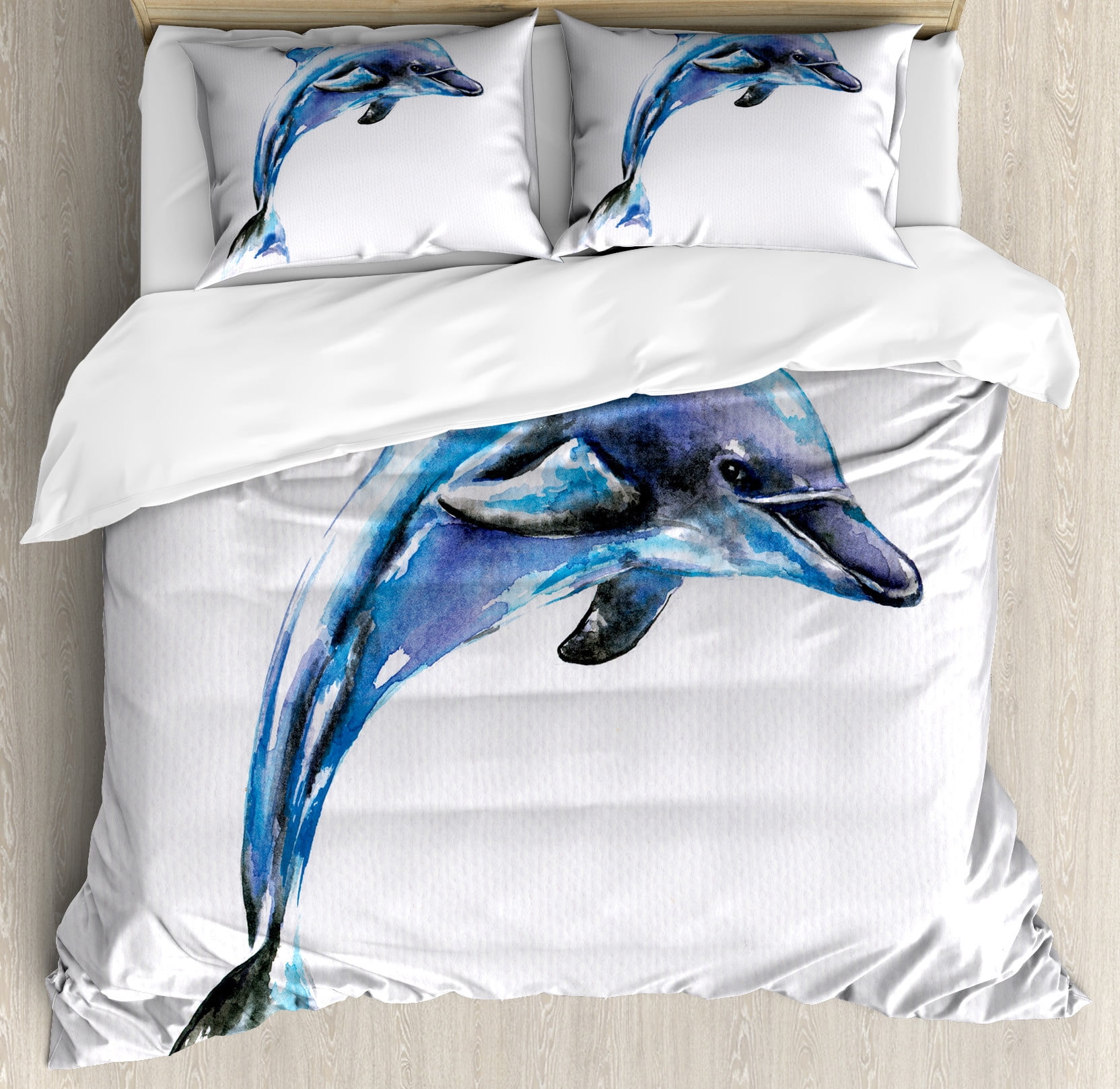 Dolphin Duvet Cover Set, Watercolor Ocean Mammal Hand Drawn Aquatic ...