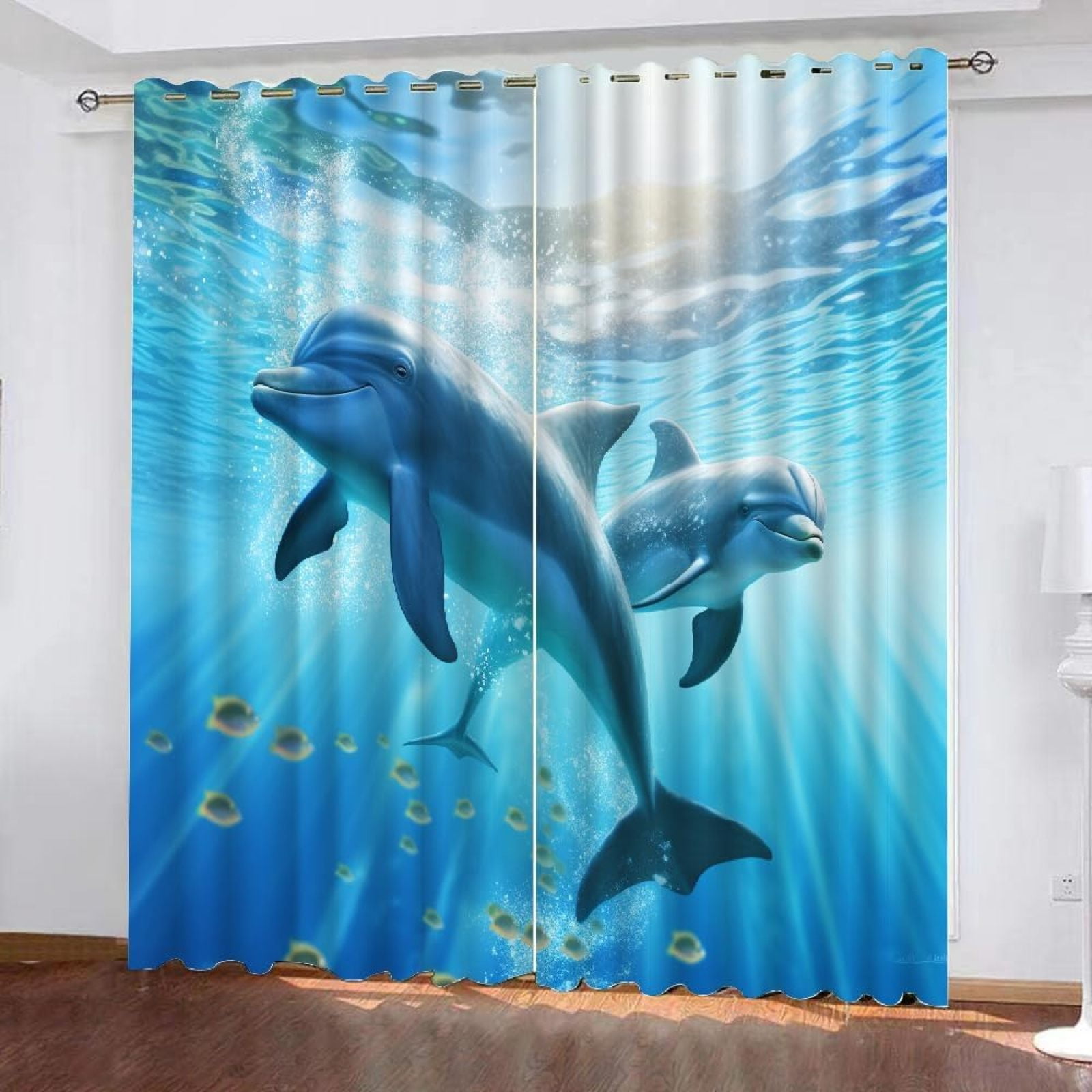 Dolphin Fish Window Curtain, 3D Ocean Blue Print Blackout Curtains, 2 ...