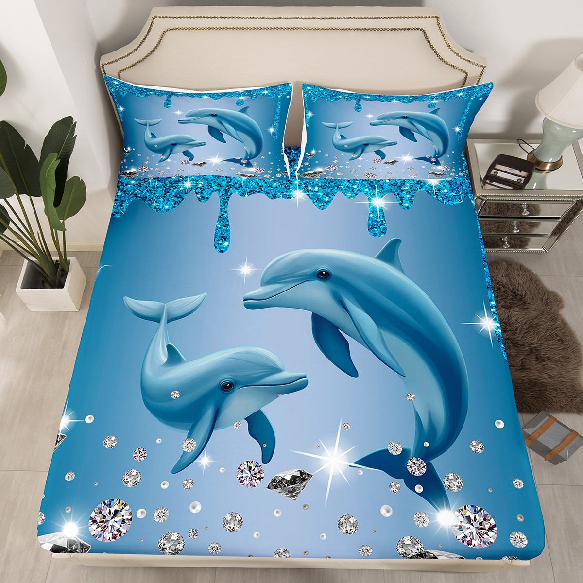 Dolphin Fitted Sheet Blue Sequin Fluid Art Sheets,Crystal Diamond Bed ...