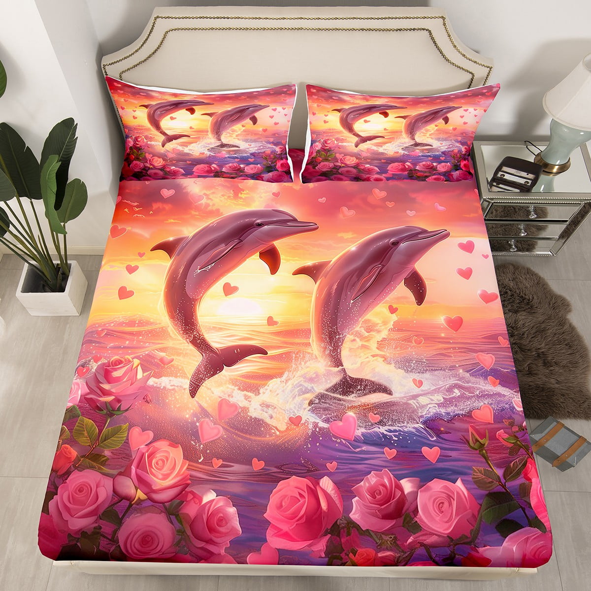 Dolphin Fitted Sheet Love Heart Shaped Rose Queen Bed Sheets,Flowers ...