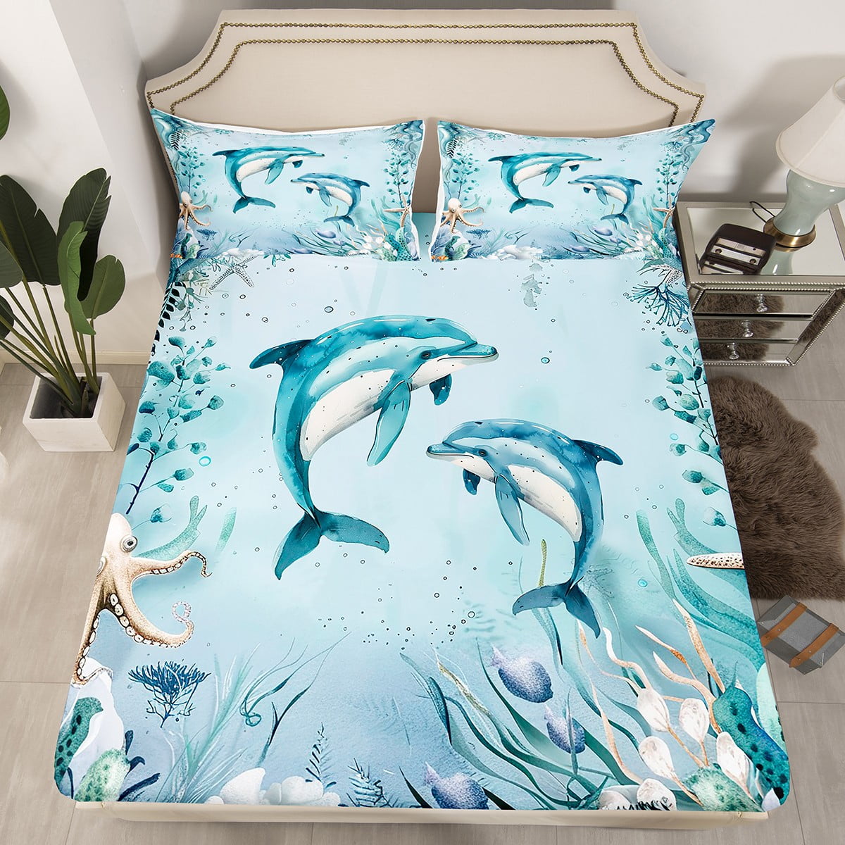 Dolphin Fitted Sheet Teal Blue Ocean Beach Coastal Twin Bed Sheets ...