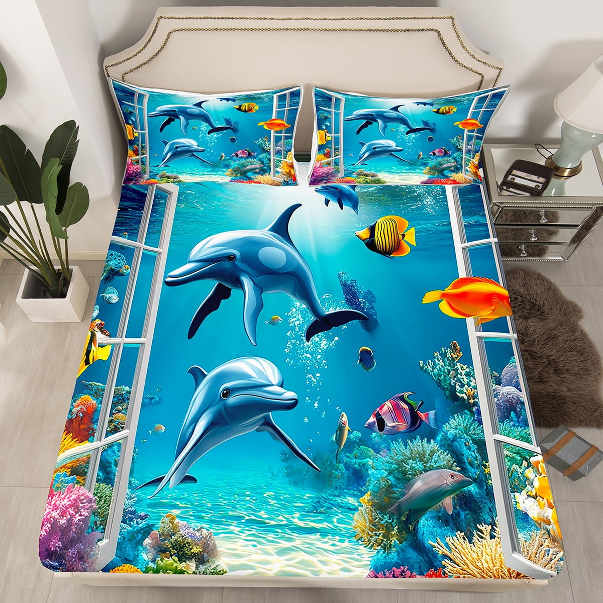Dolphin Fitted Sheet Nautical Sea Animal Bed Sheets Twin,Blue Ocean ...