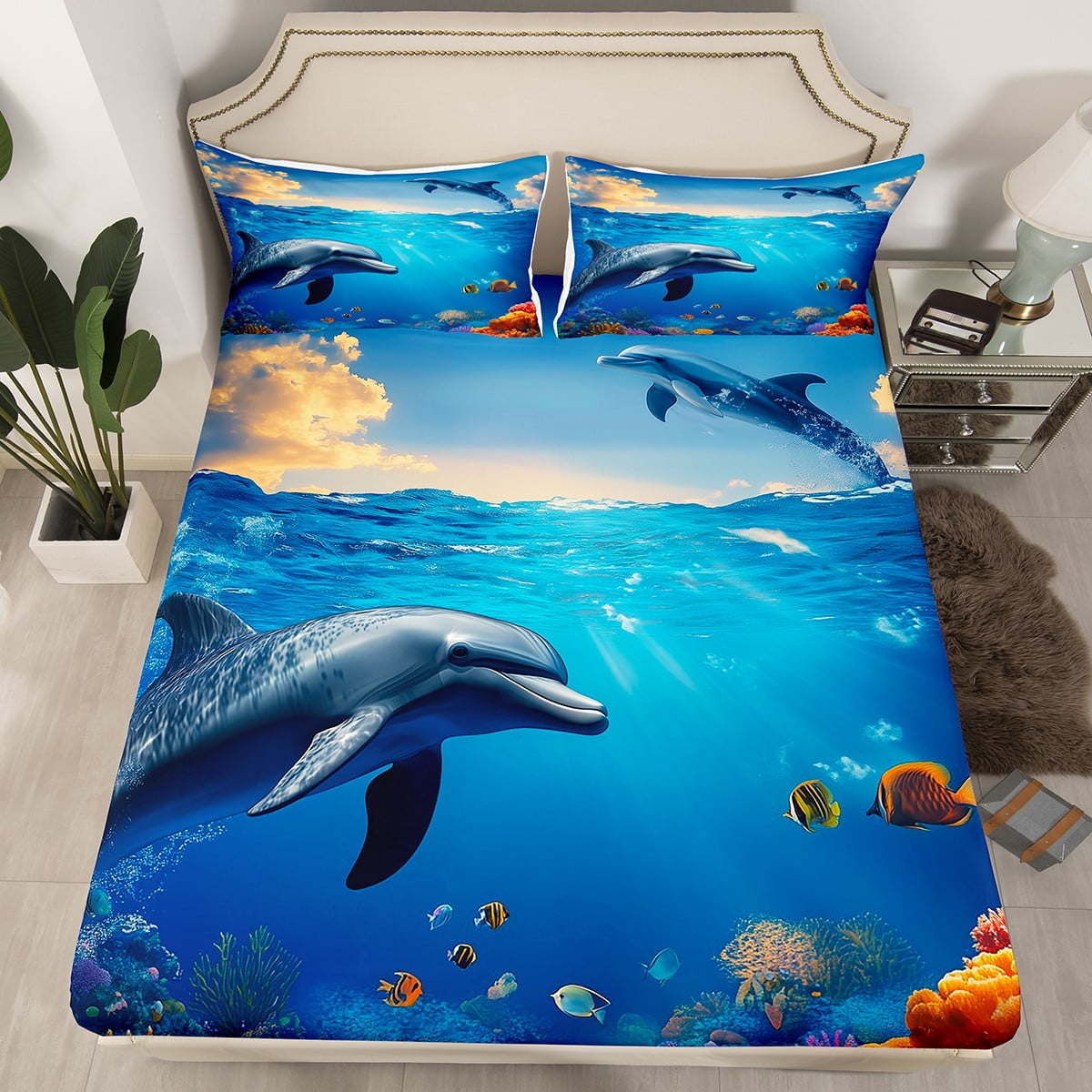 Dolphin Fitted Sheet Nautical Sea Animal Bed Sheets Twin,Tropical ...