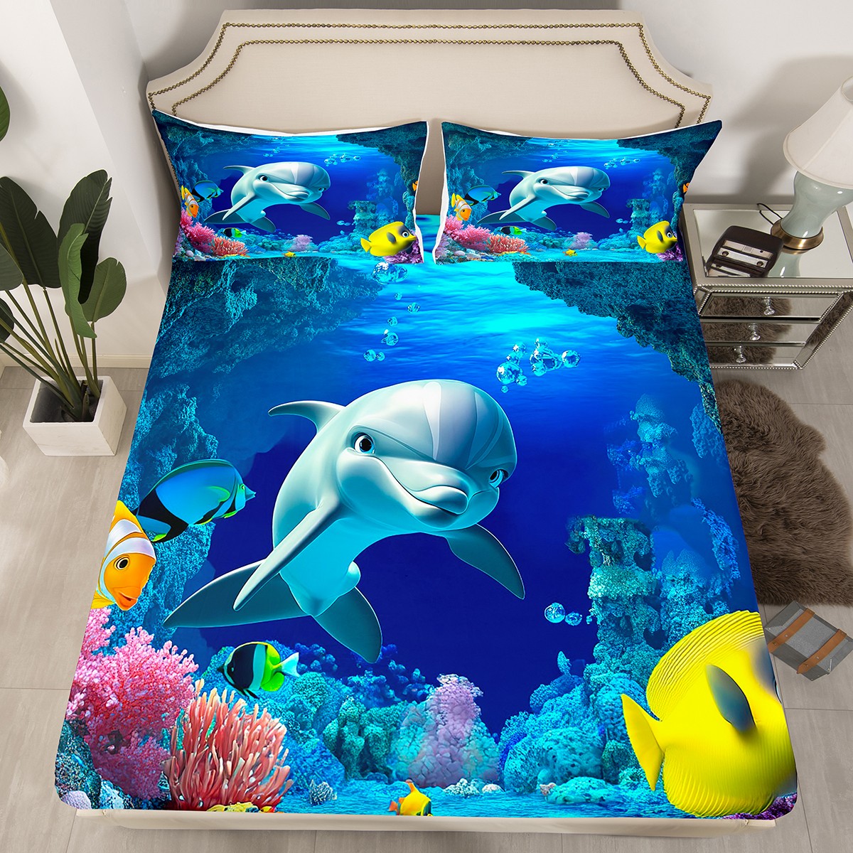Dolphin Fitted Sheet Nautical Sea Animal Sheets,Ocean Fish Bed Sheets ...