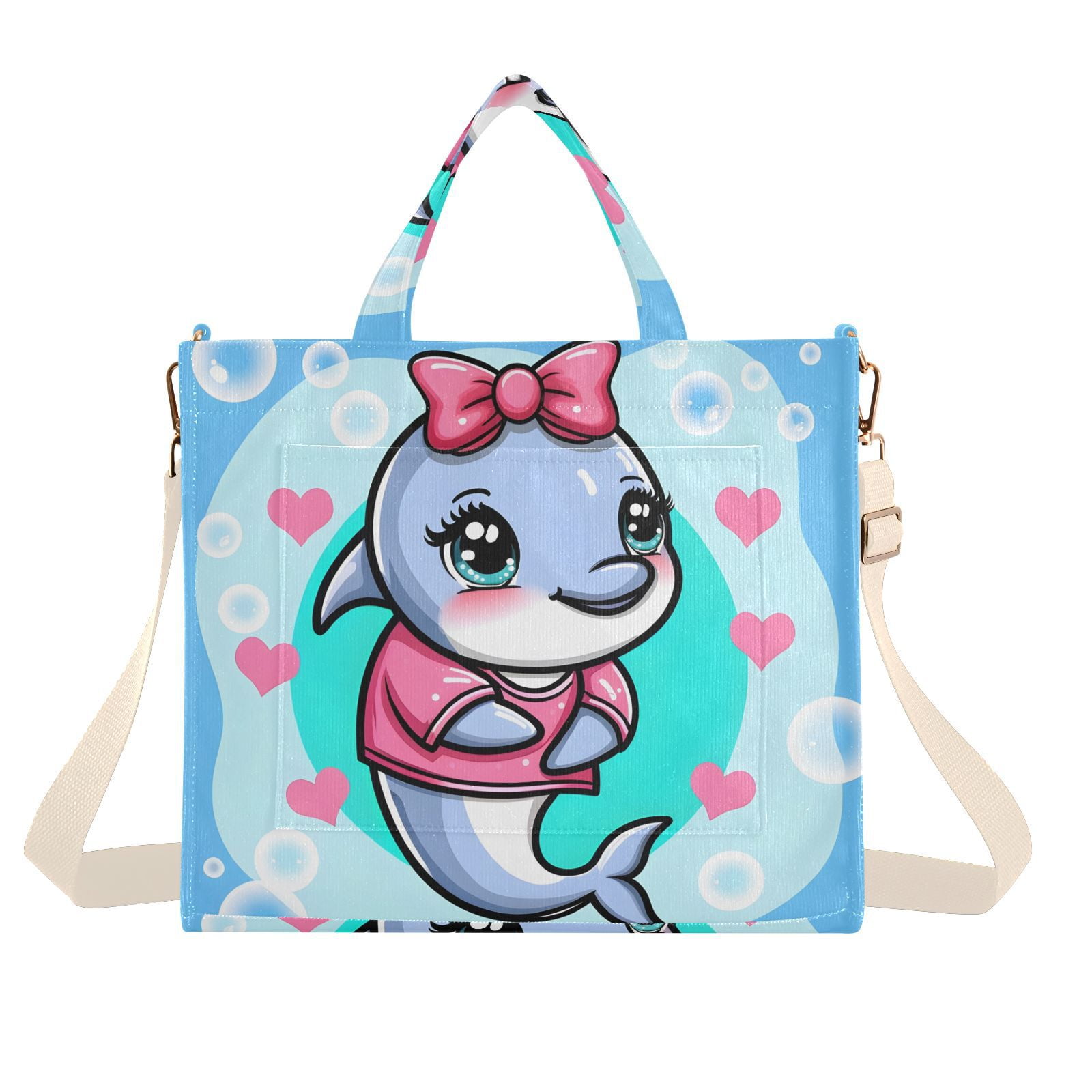 Dolphin Girl Hearts Bubbles Corduroy Tote Bag Handbag Large Messenger ...