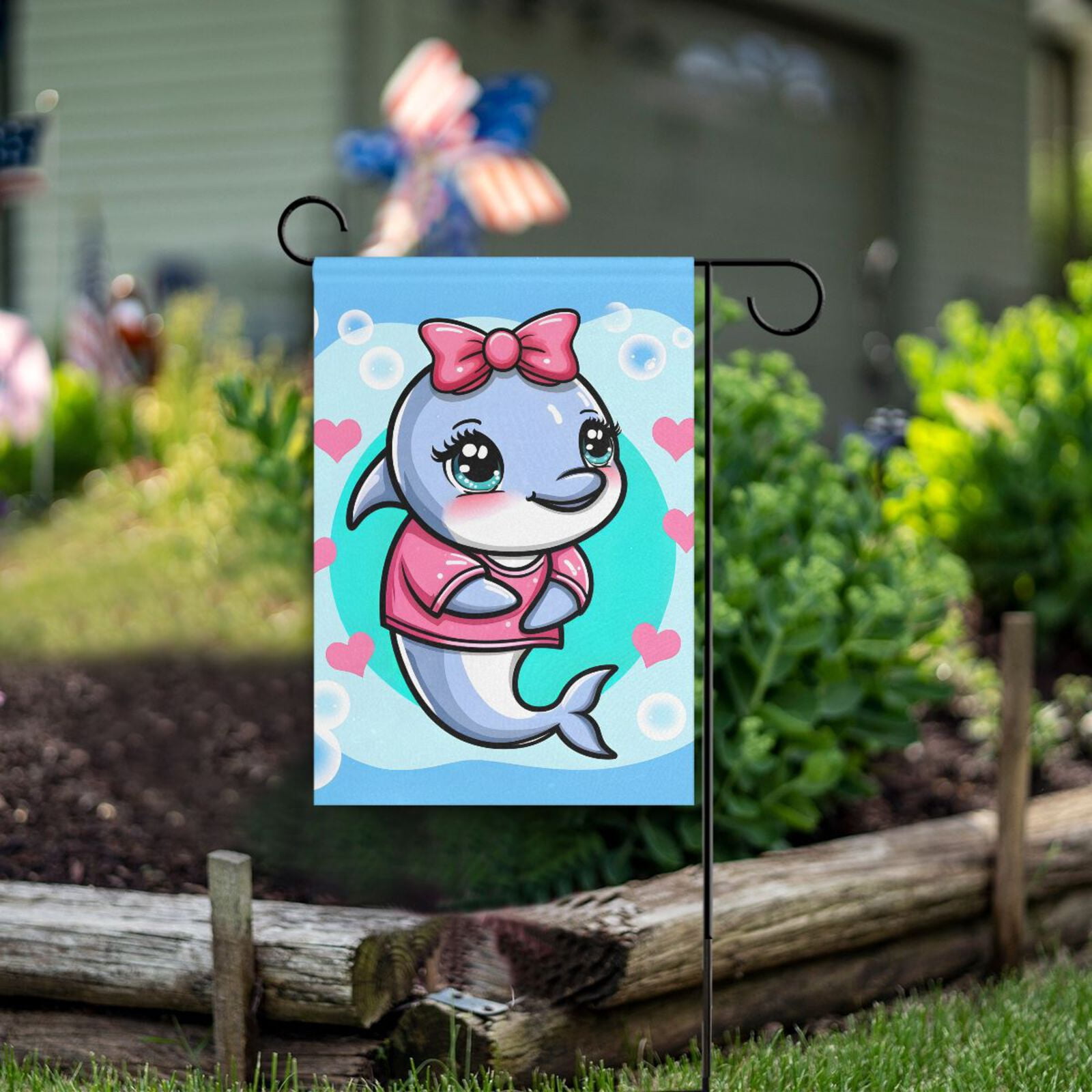 Dolphin Girl Hearts Bubbles Garden Flag Double Sided Outdoor Banners ...