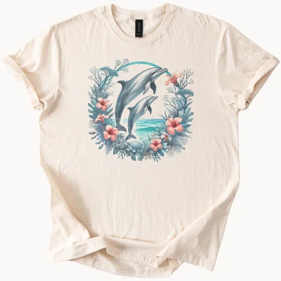 Dolphin Graphic T Shirt with Tropical Ocean Flowers and Coral Reef ...